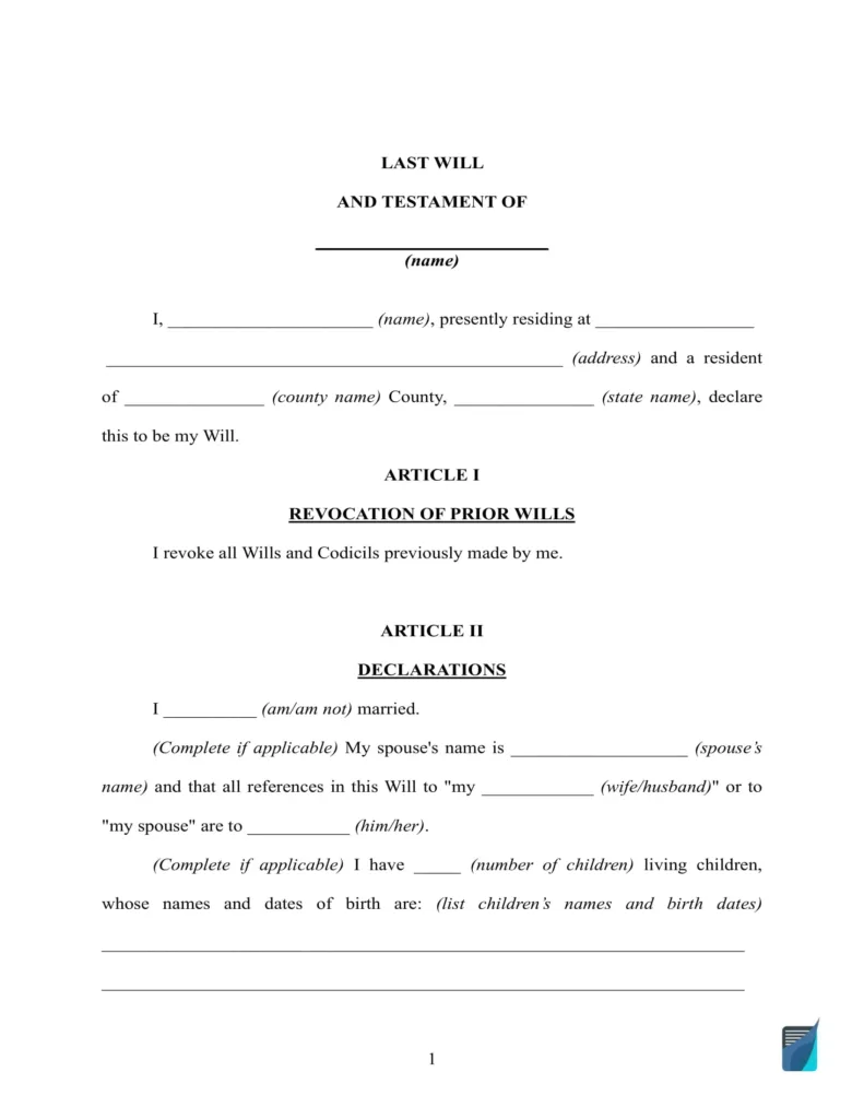 Printable Template for a Will | Printable Templates